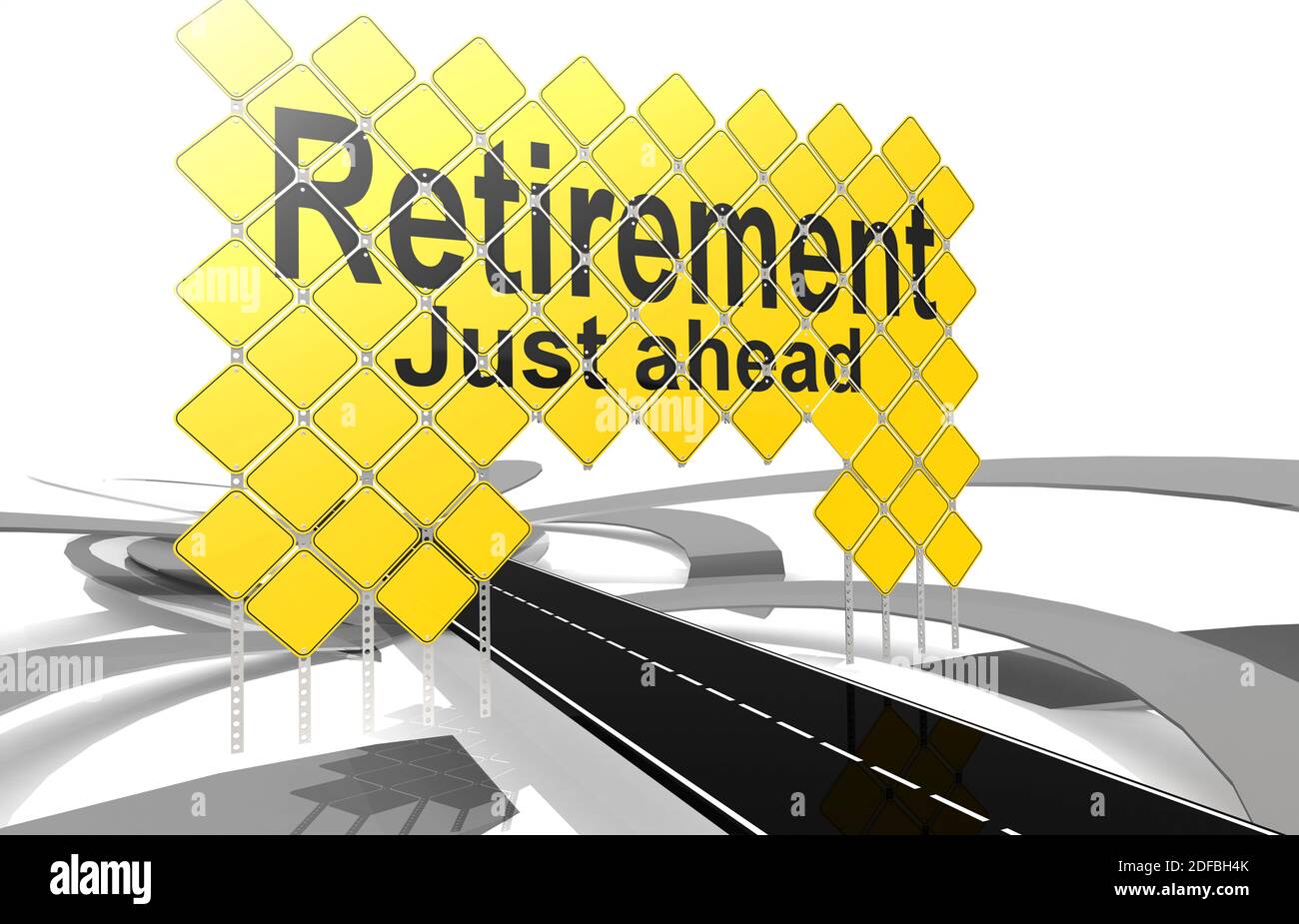 Retirement just ahead word on giant yellow road signs, 3D rendering ...