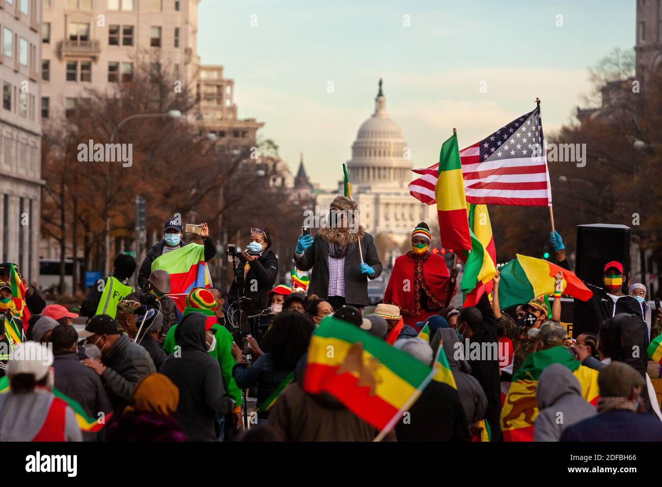 Washington, DC, USA, 3 December, 2020. Pictured: People wave Ethiopian ...