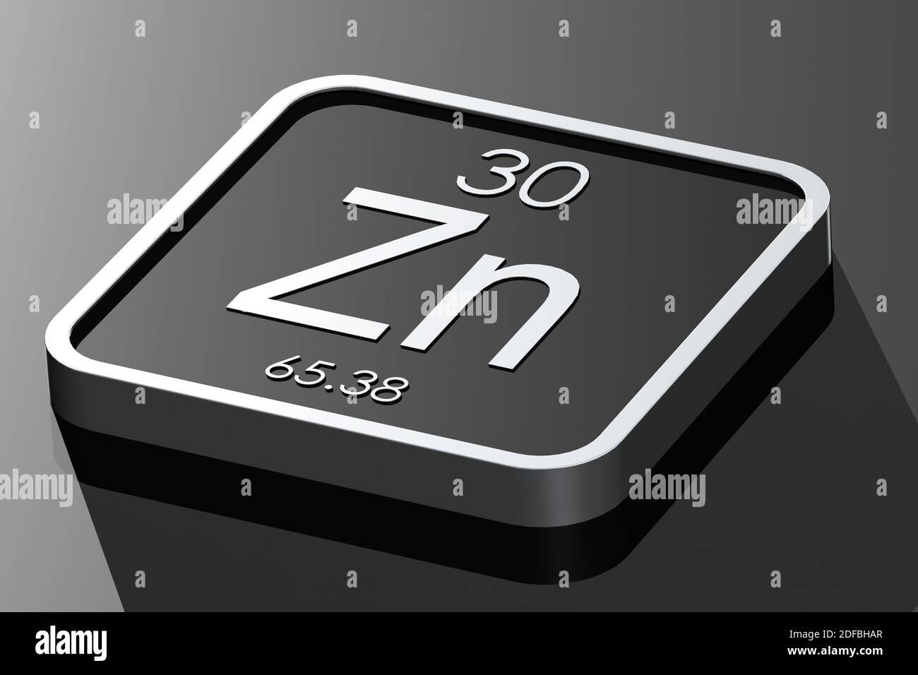 Zinc element from periodic table on black square block, 3d rendering ...