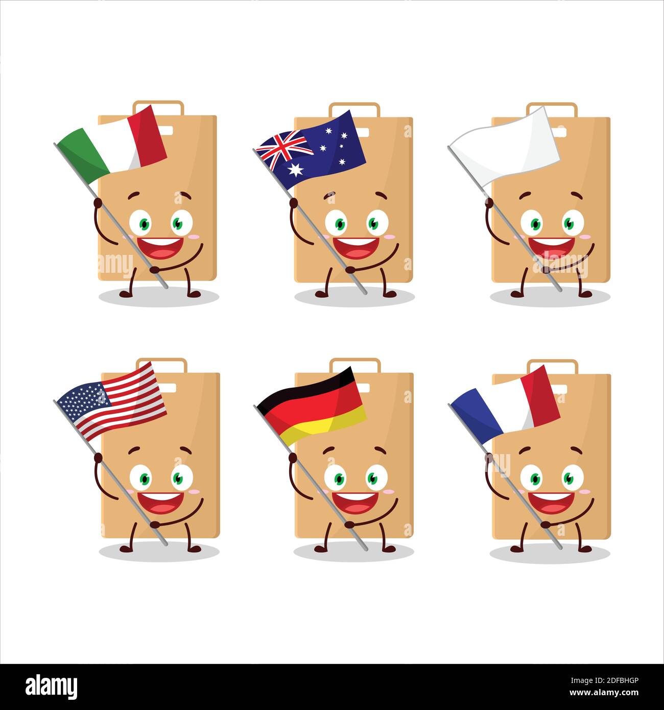 Food Bag Cartoon Character Bring The Flags Of Various Countries Vector