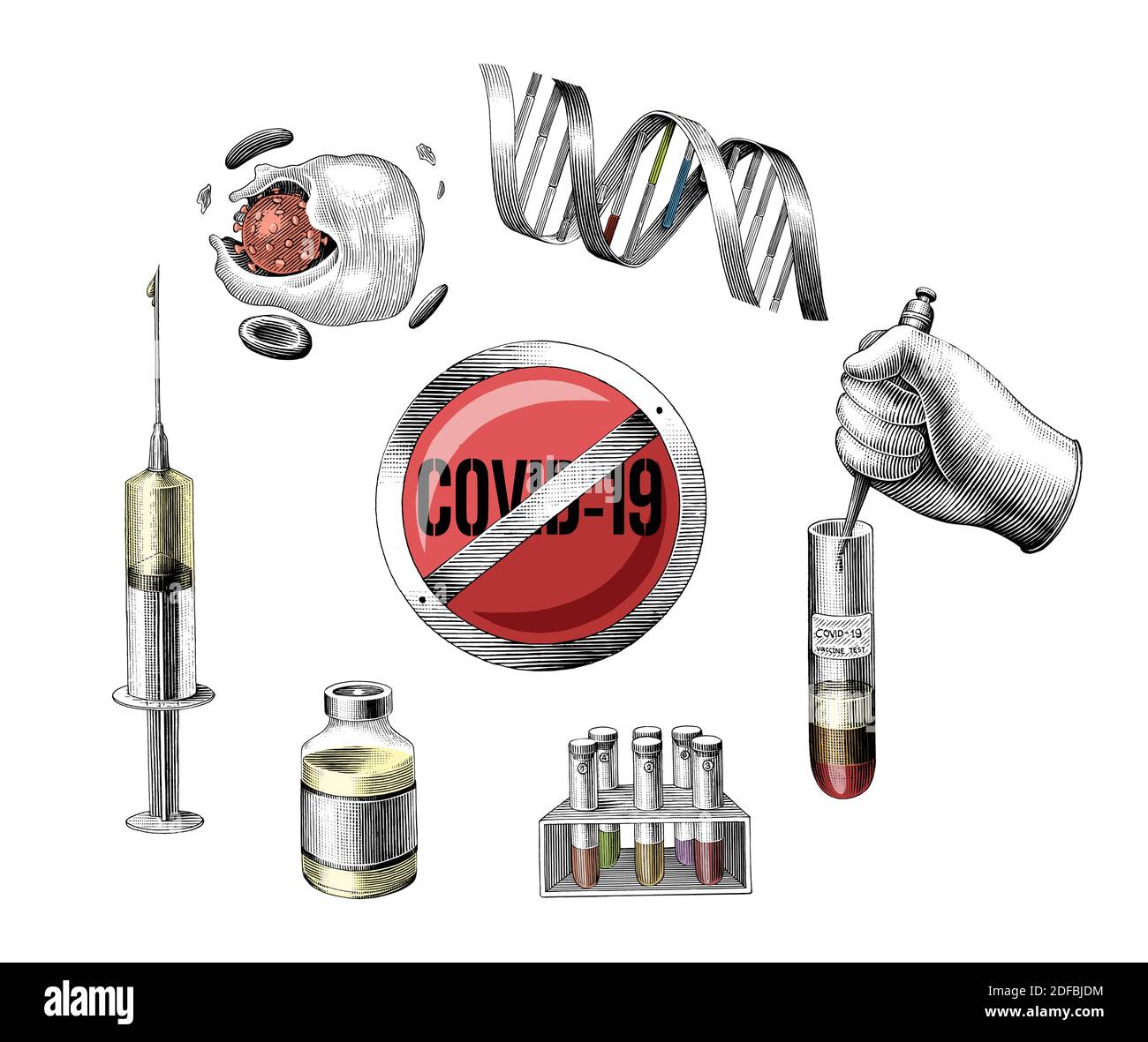 COVID-19 development vaccine hand draw engraving style clip art ...