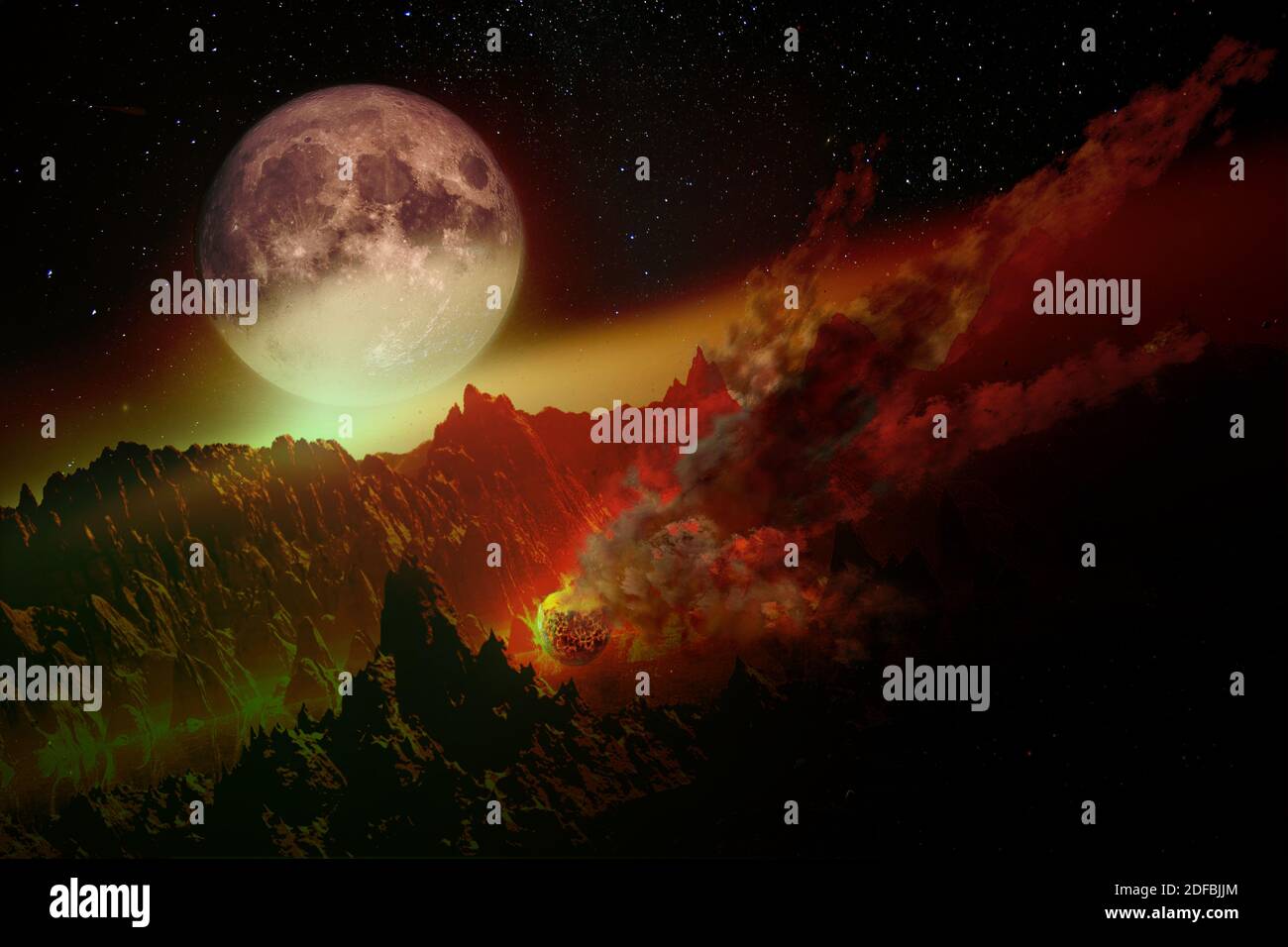 Huge meteorite falls to the ground, earth landscape with mountains and ...