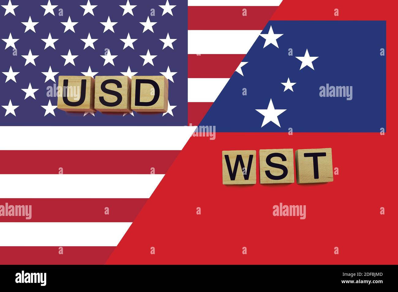 USA and Samoa currencies codes on national flags background ...