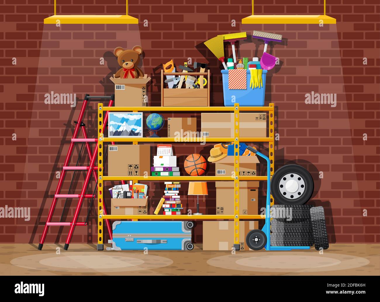 Storeroom or house cellar interior. Modern storage room. Metal shelves ...