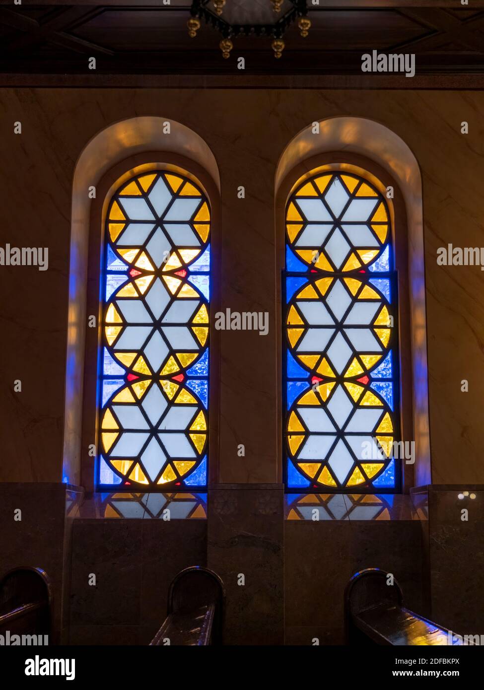 BUDAPEST, HUNGARY- MAY, 26, 2019: interior close up of a stained glass ...