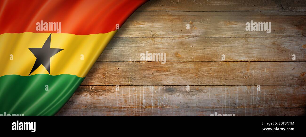 Ghana flag on vintage wood wall. Horizontal panoramic banner Stock ...