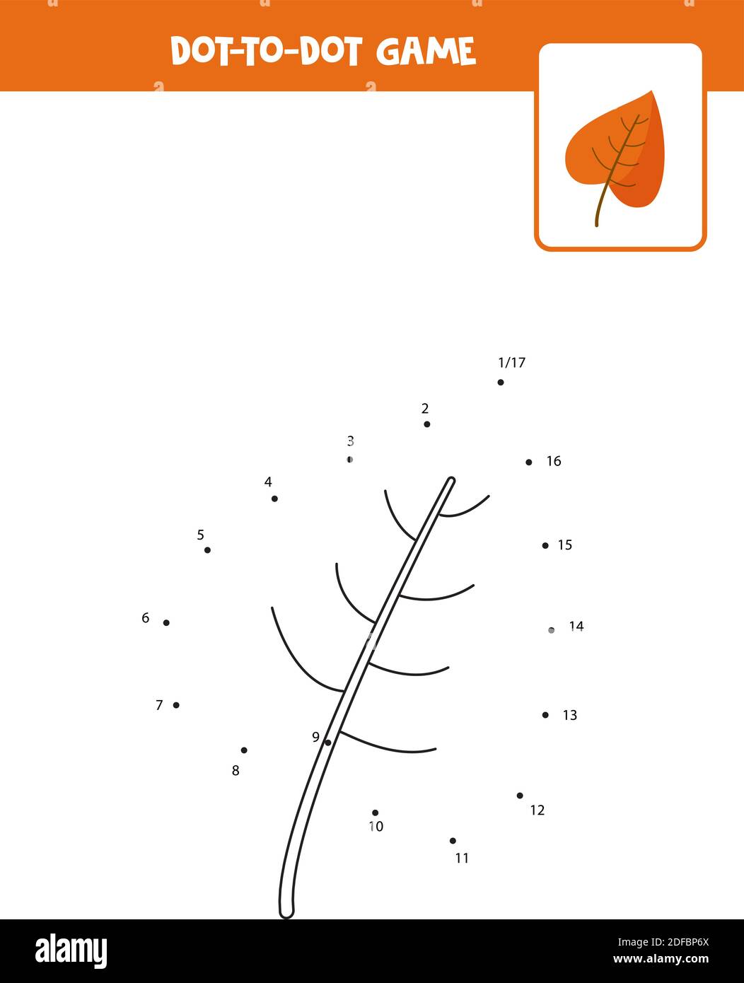 Dot to dot game with cartoon autumn leaf. Connect the dots. Math game ...