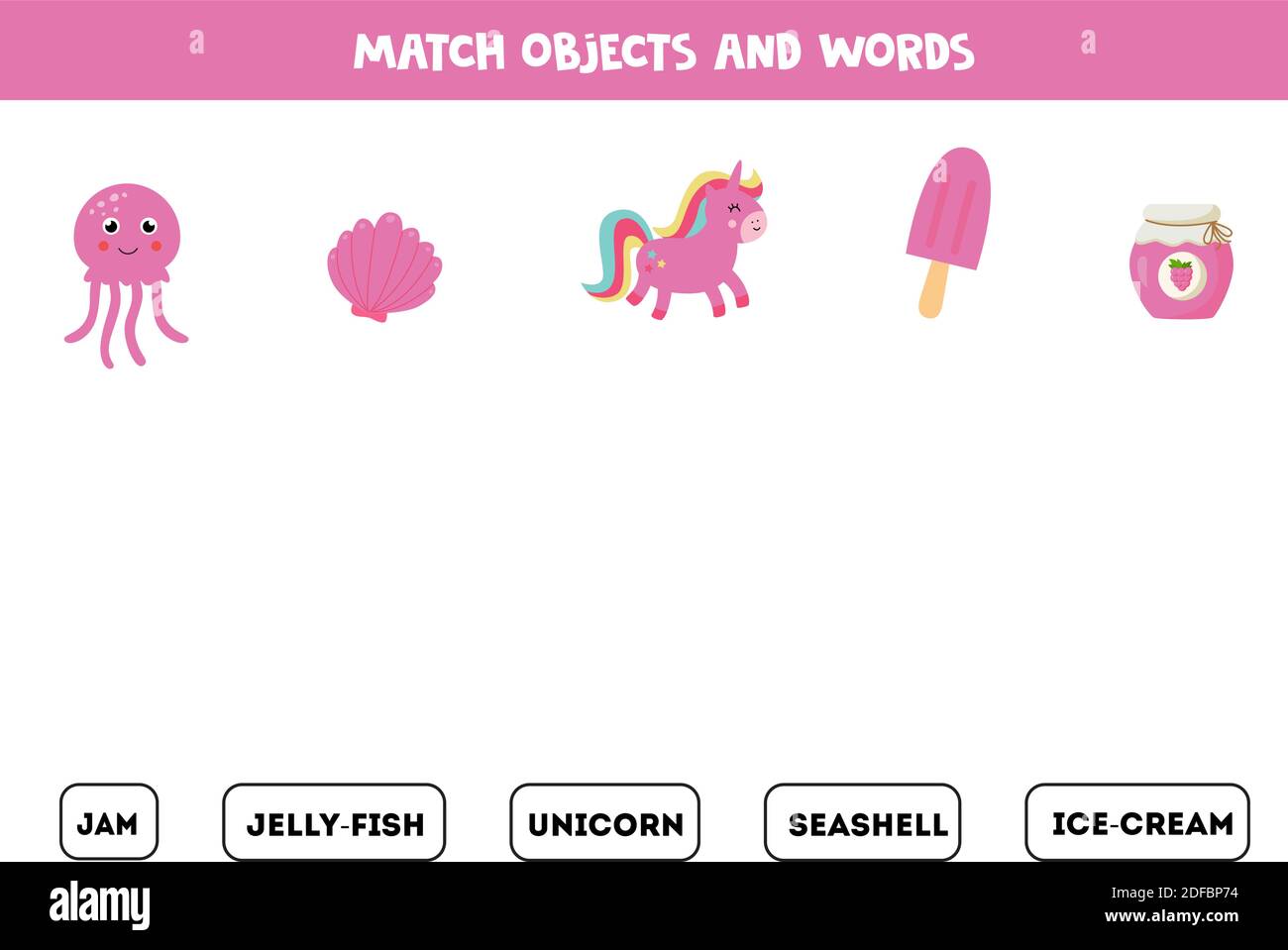 Match pink objects and written words. Logical game for kids. Practicing ...