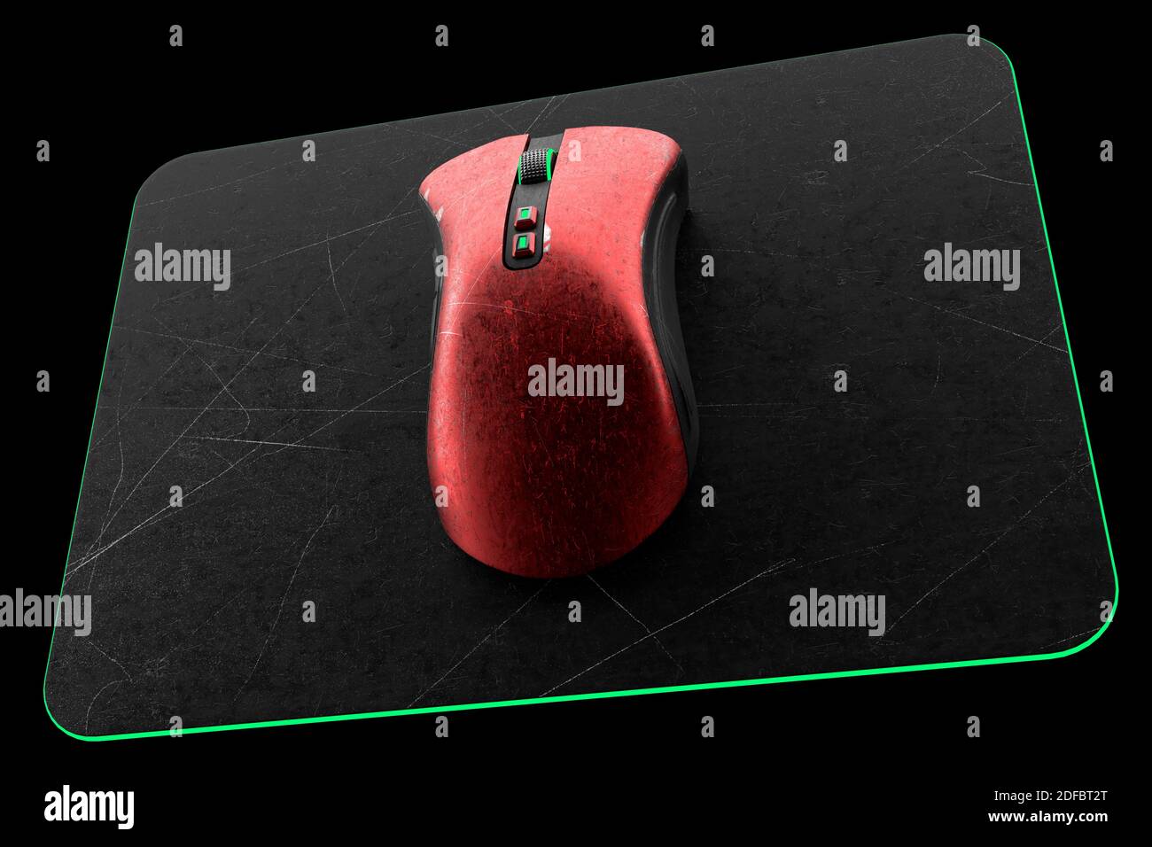 Used metal red gaming mouse with scratches on professional pad isolated ...