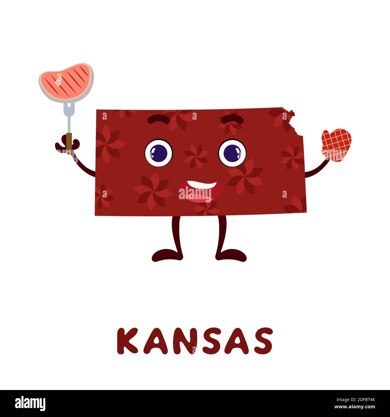Cute cartoon Kansas state character clipart. Illustrated map of state ...