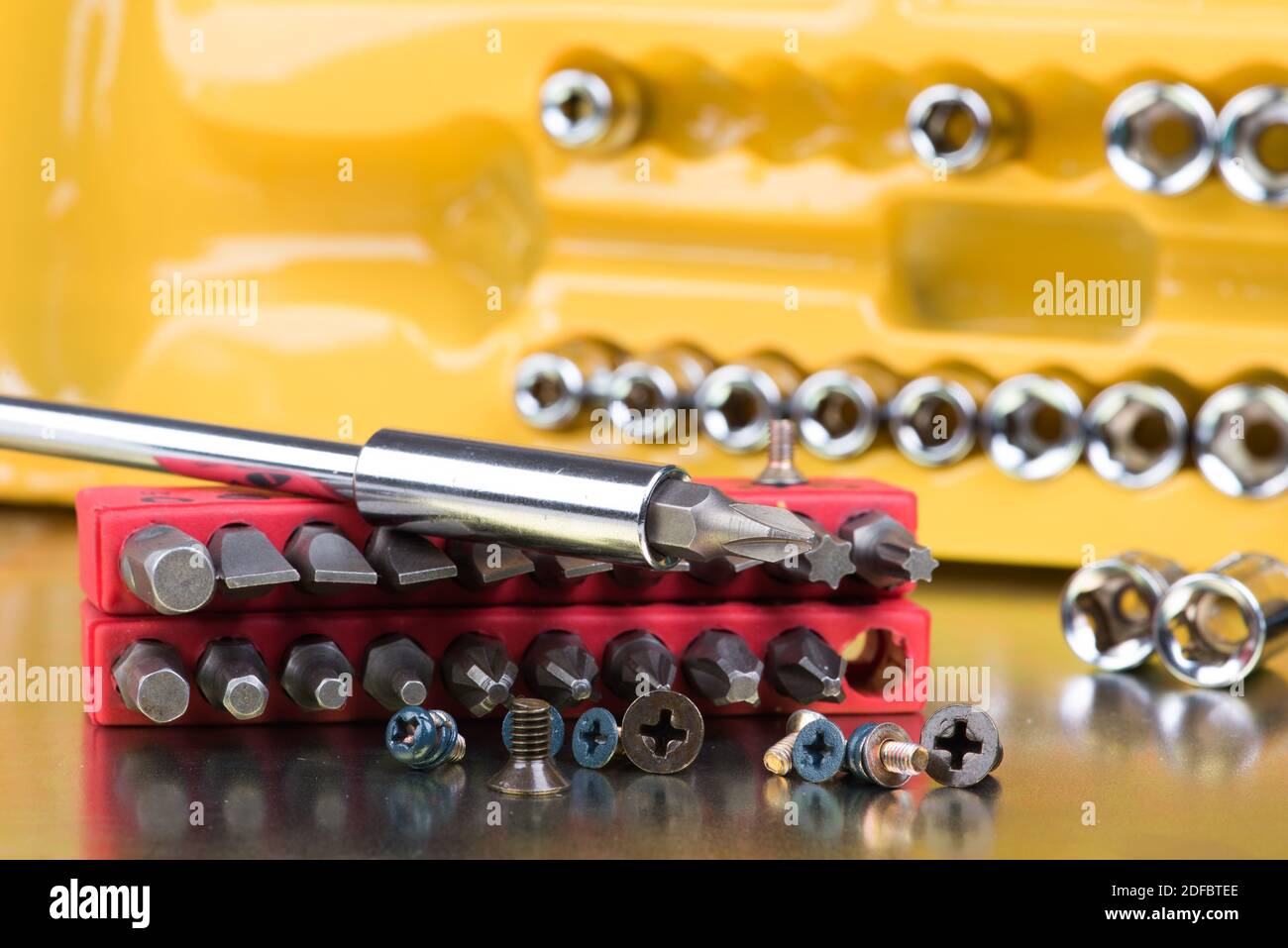 Set of tools bit and socket, service and repair workshop Stock Photo ...