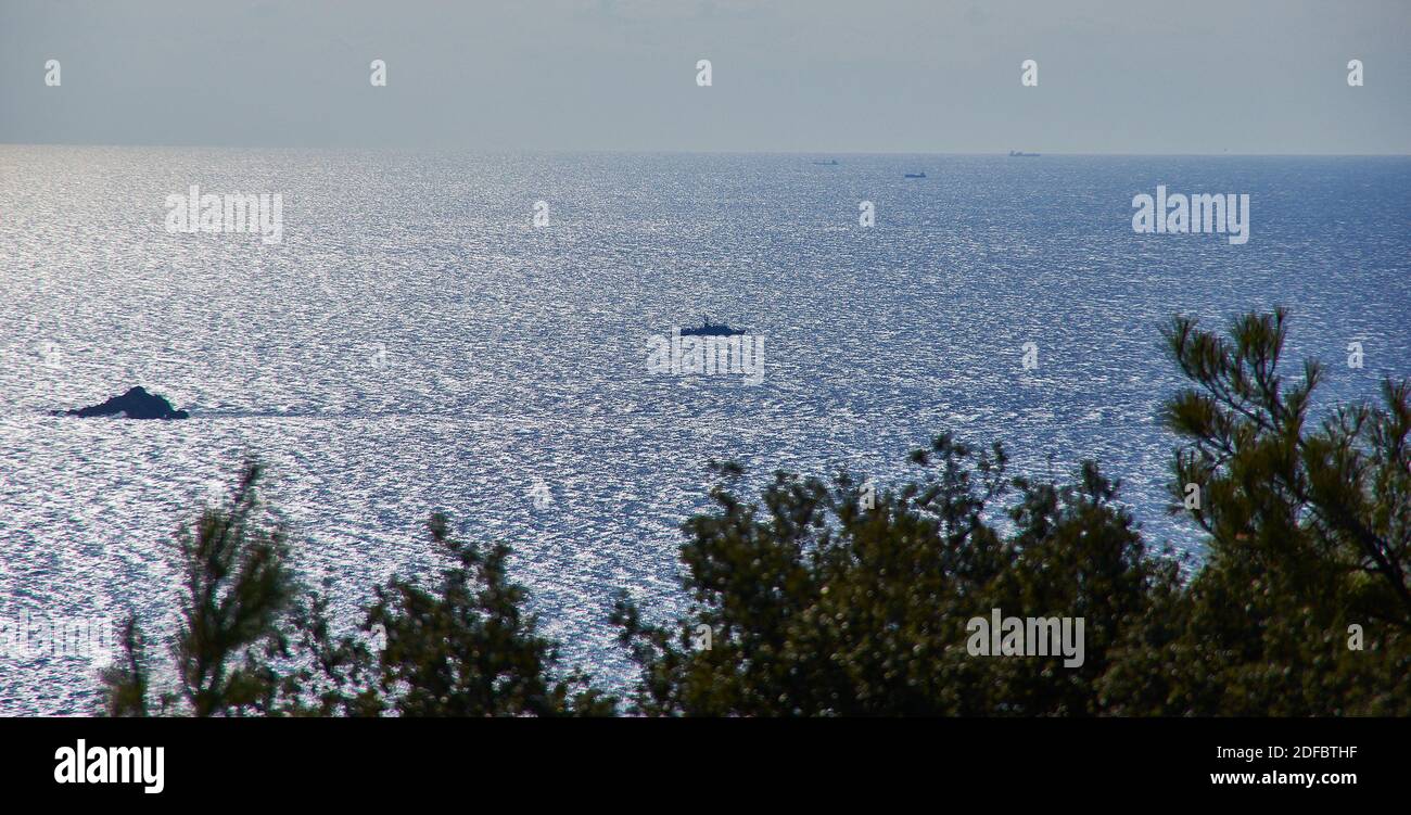 Turkish warship guards the water border between Greece and Turkey Stock ...