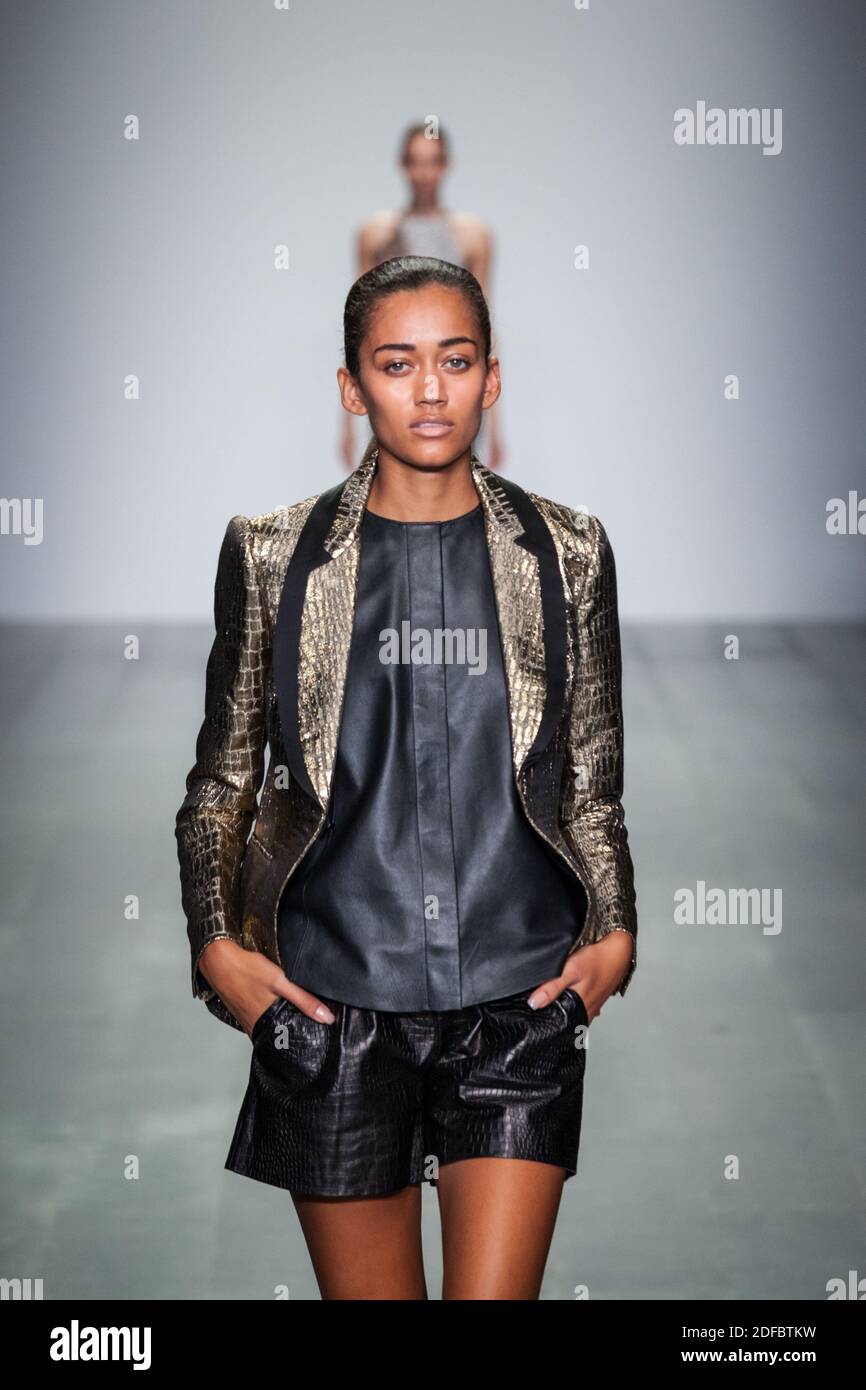 Model walking down runway, models on catwalk at London Fashion Weekend ...