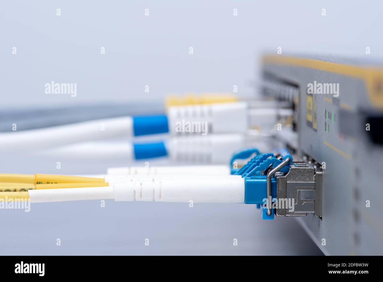 Switch with connected optical fiber patch cords and UTP ethernet cables ...