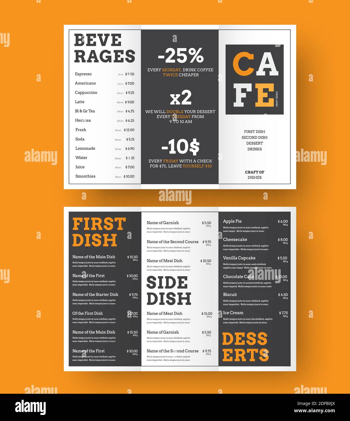 Design of a trifold menu for cafes and restaurants with alternating ...