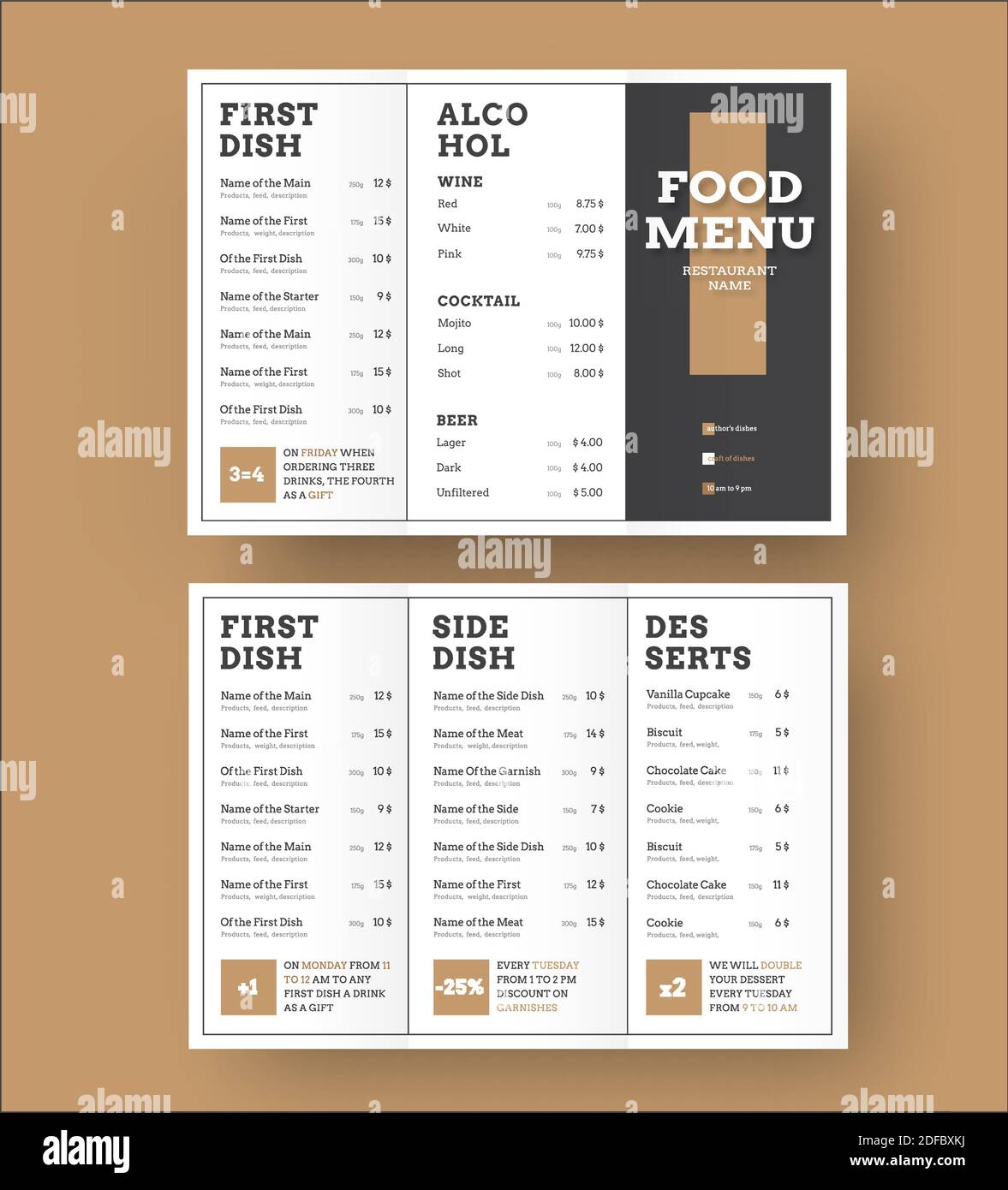 Template white vector trifold menu with a black cover and brown ...