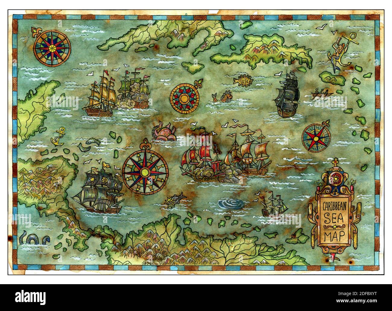 Ancient pirate map with old pirate sailboats, treasure islands ...