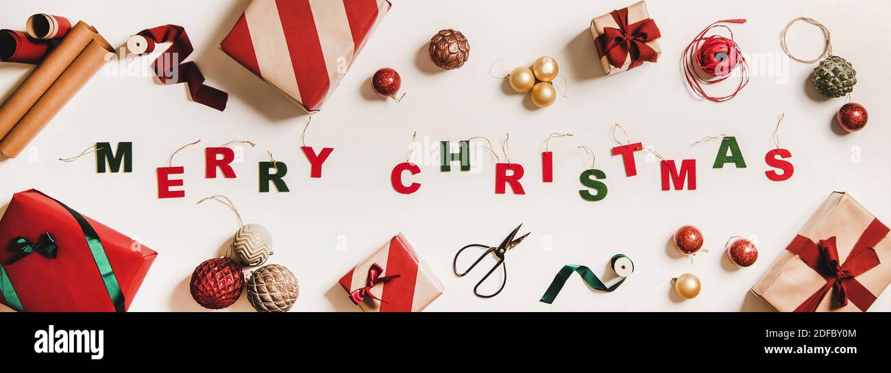 Merry Christmas inscription made with Christmas tree decorative letters ...