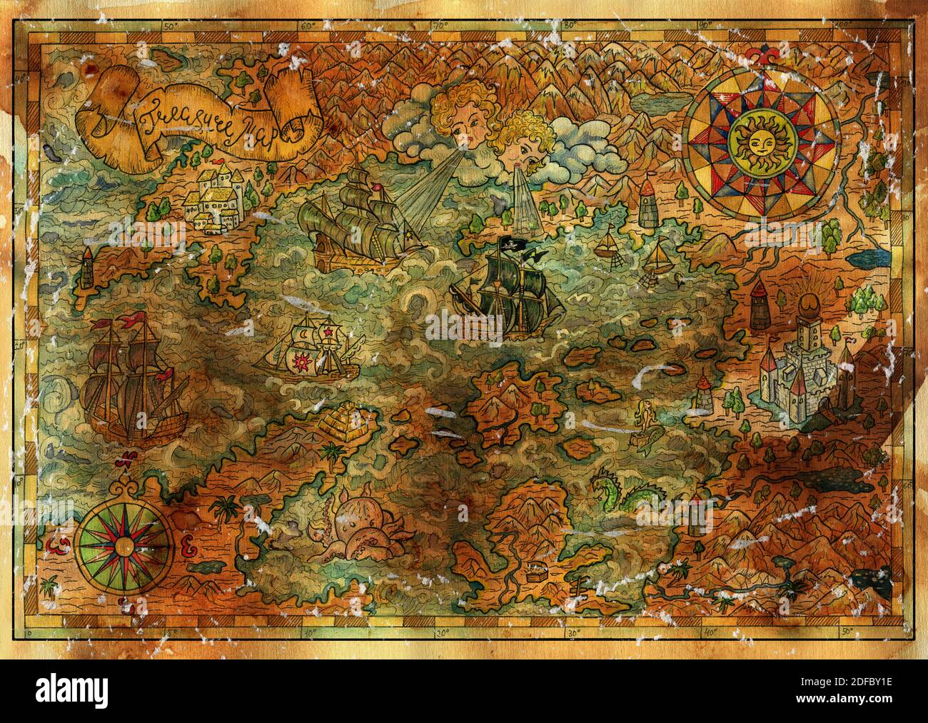 Ancient pirate map with old pirate sailboats, treasure islands ...