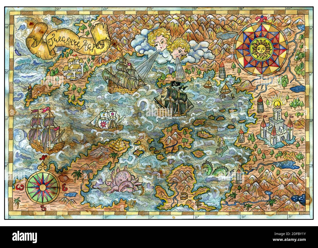 Ancient pirate map with old pirate sailboats, treasure islands ...