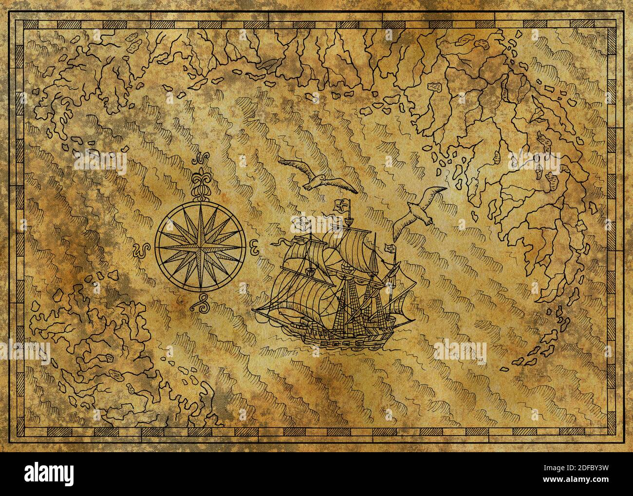 Ancient pirate map with old pirate sailboats, treasure islands ...