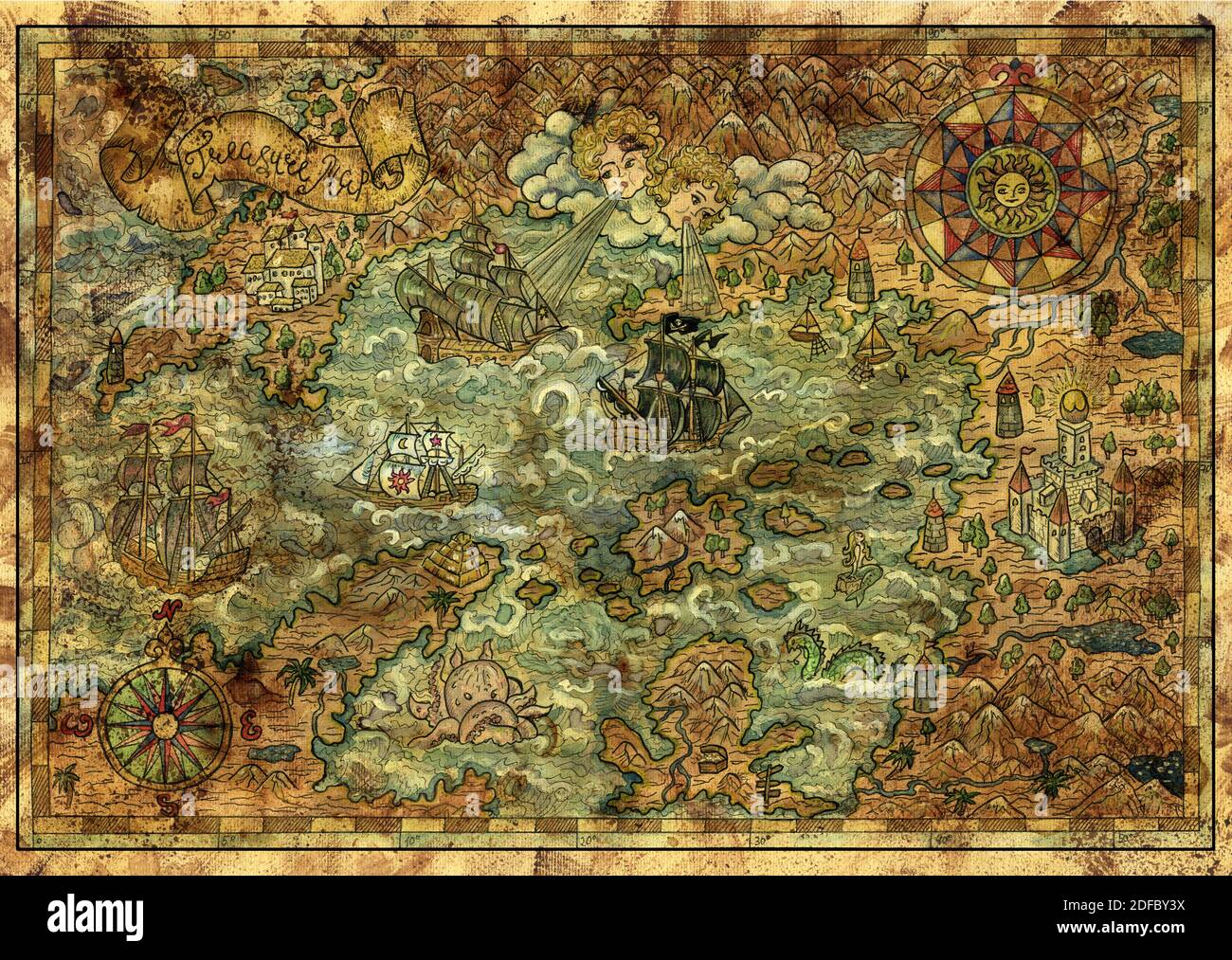 Ancient pirate map with old pirate sailboats, treasure islands. Decorative antique background ...