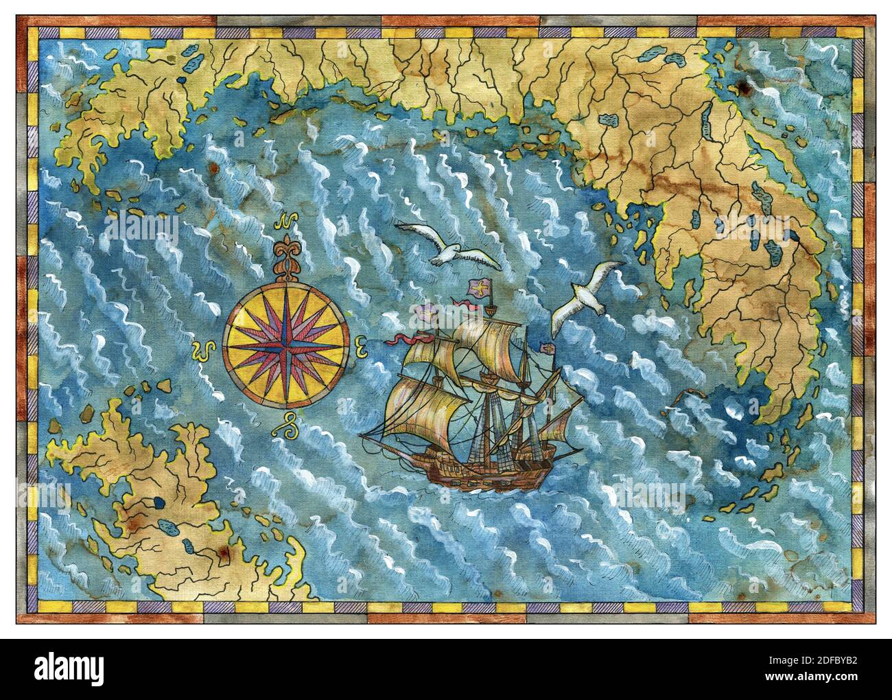 Ancient pirate map with old pirate sailboats, treasure islands ...