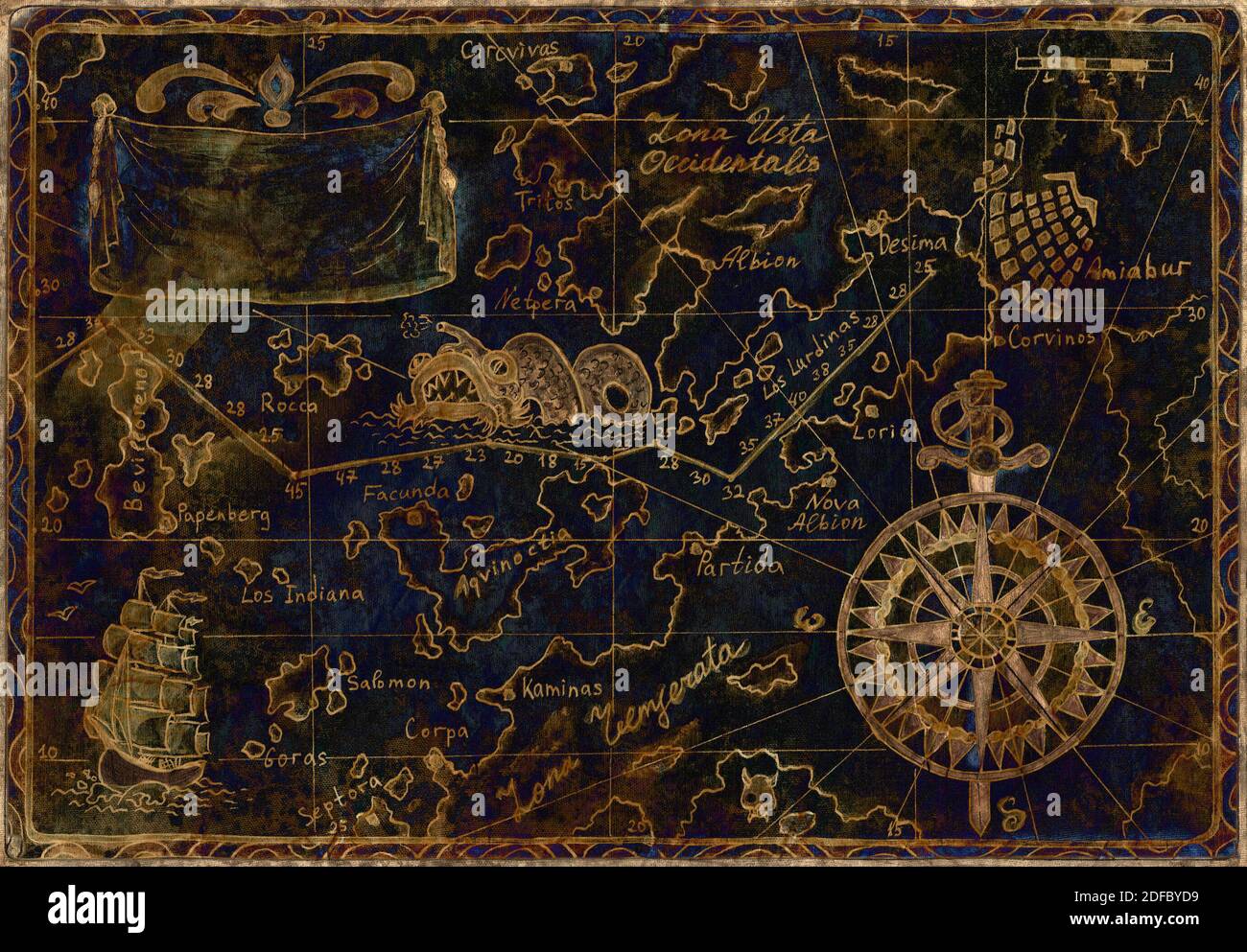 Ancient pirate map with old pirate sailboats, treasure islands. Decorative antique background ...