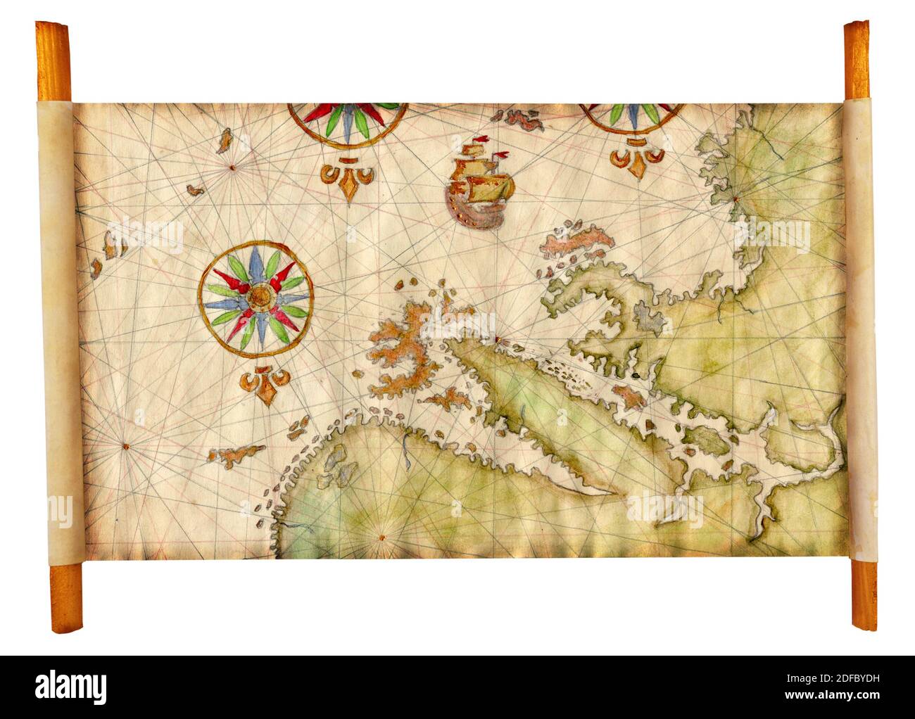 Ancient pirate map with old pirate sailboats, treasure islands ...