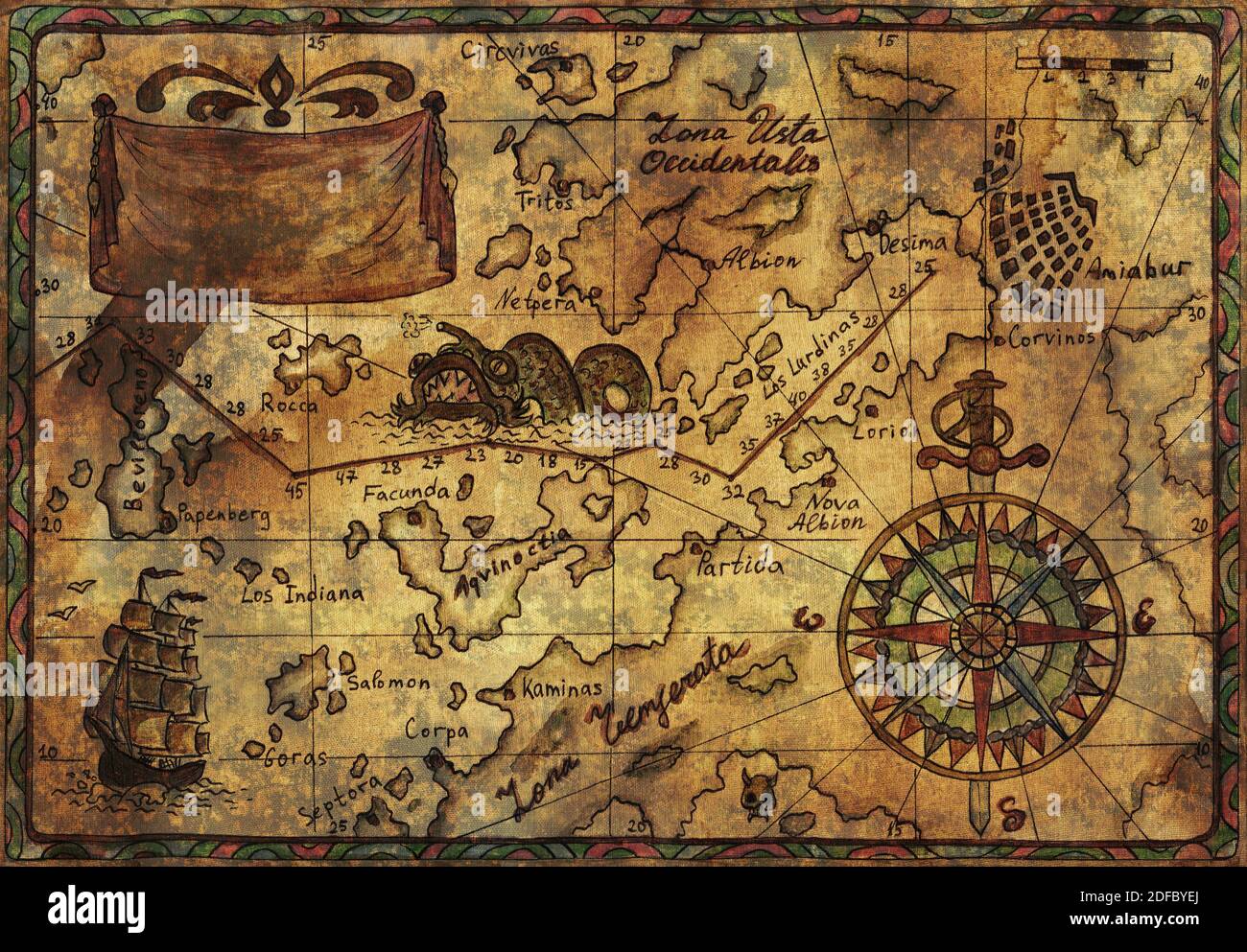 Ancient pirate map with old pirate sailboats, treasure islands ...