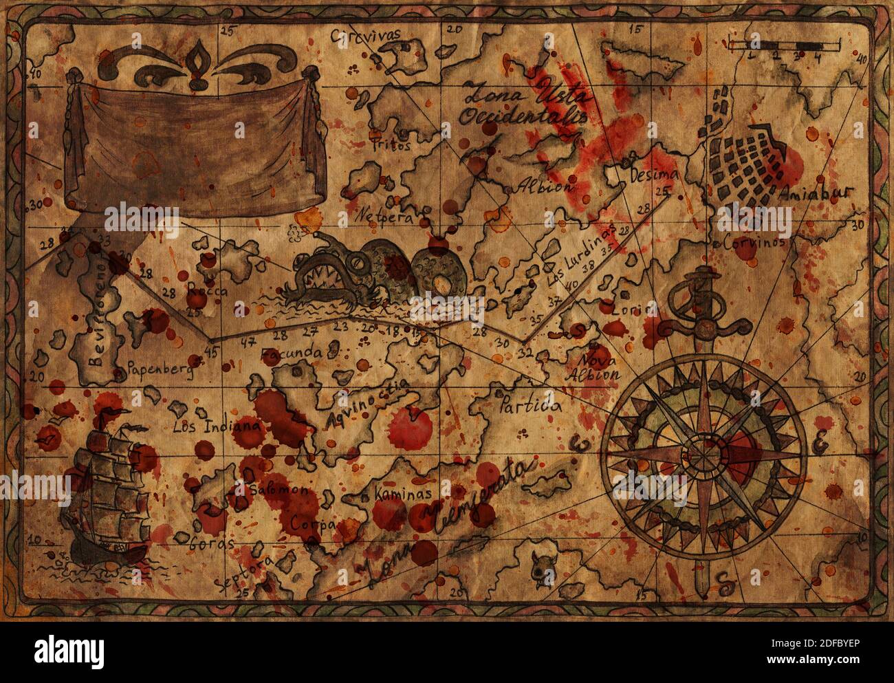 Ancient pirate map with old pirate sailboats, treasure islands ...