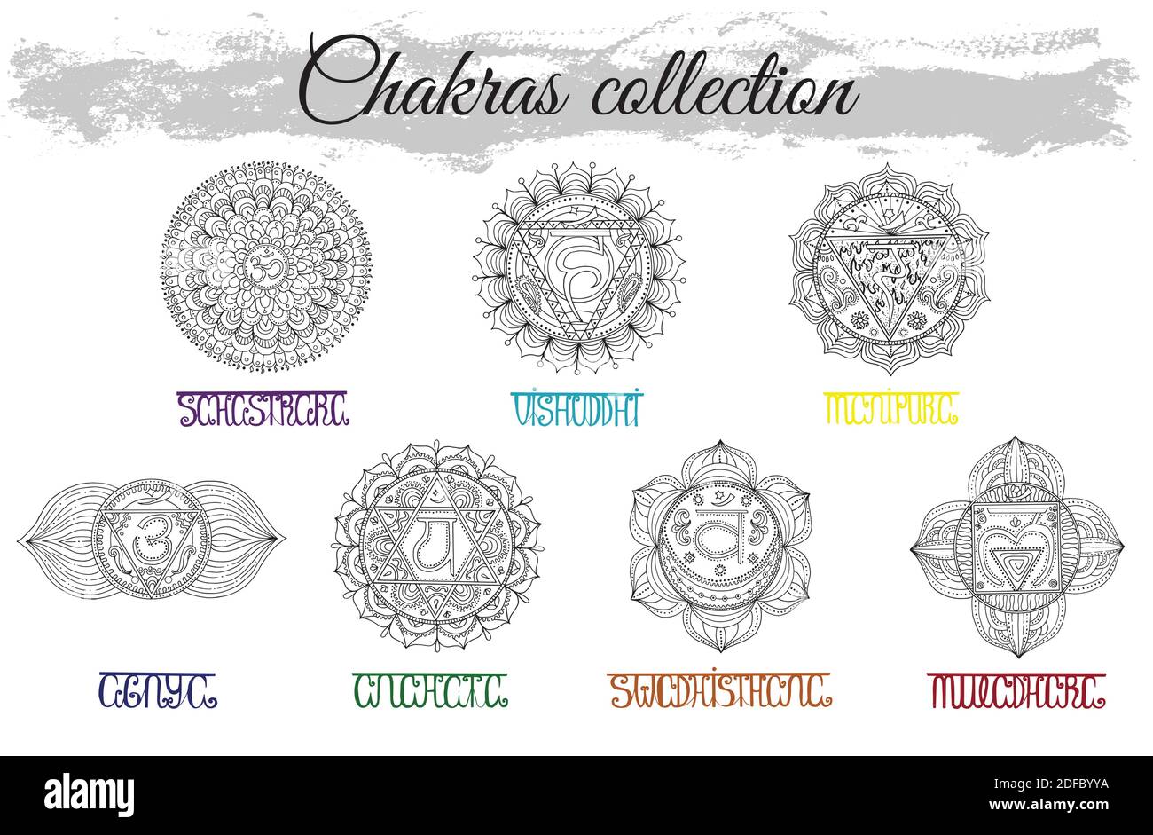 Graphic set with ornate chakras of human body, esoteric, wiccan and ...