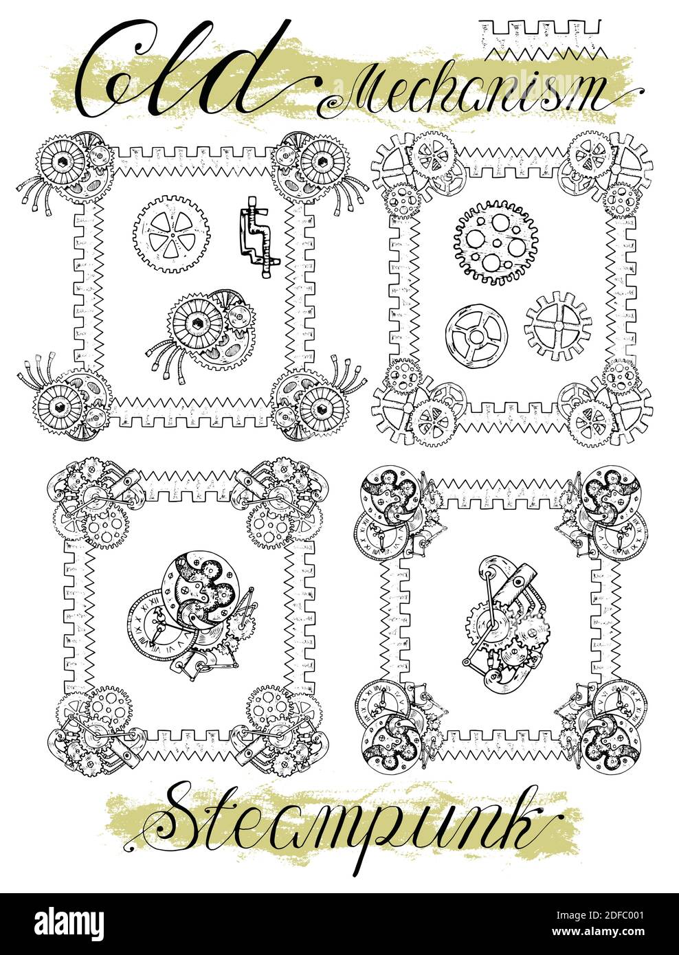 Set with retro mechanical frames in steampunk style. Fantasy engines ...