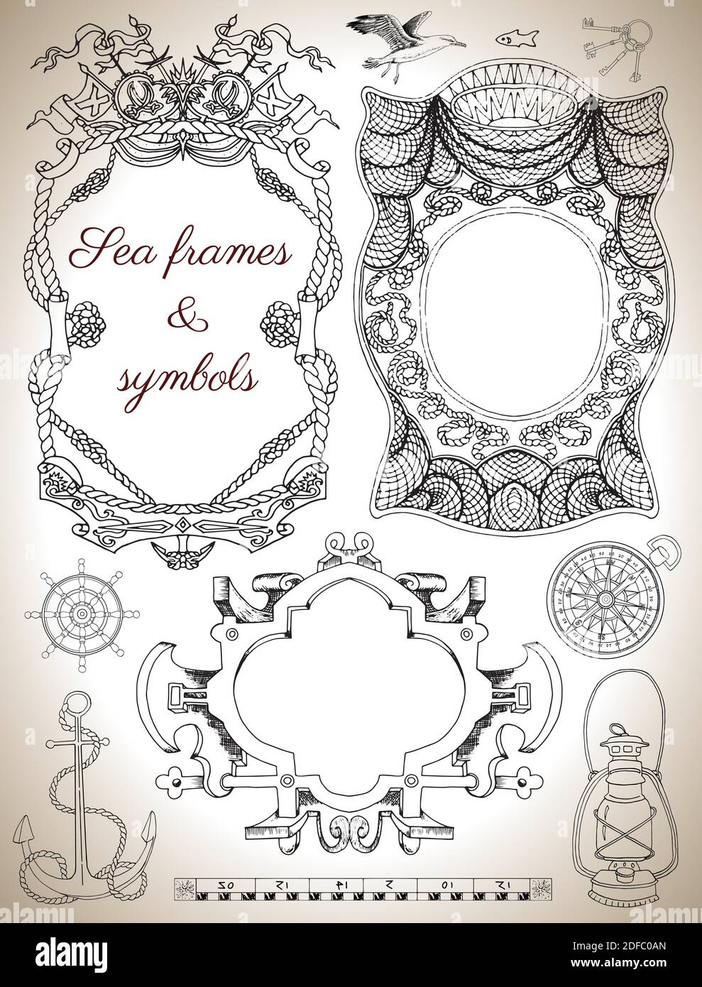 Graphic hand drawn collection of nautical marine design elements with ...