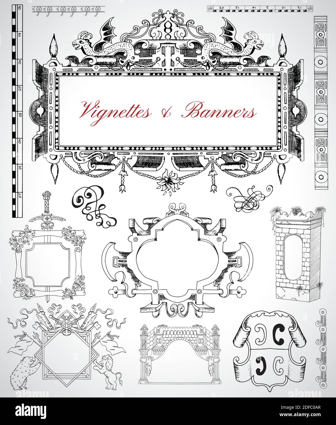 Graphic hand drawn collection of nautical marine design elements with ...