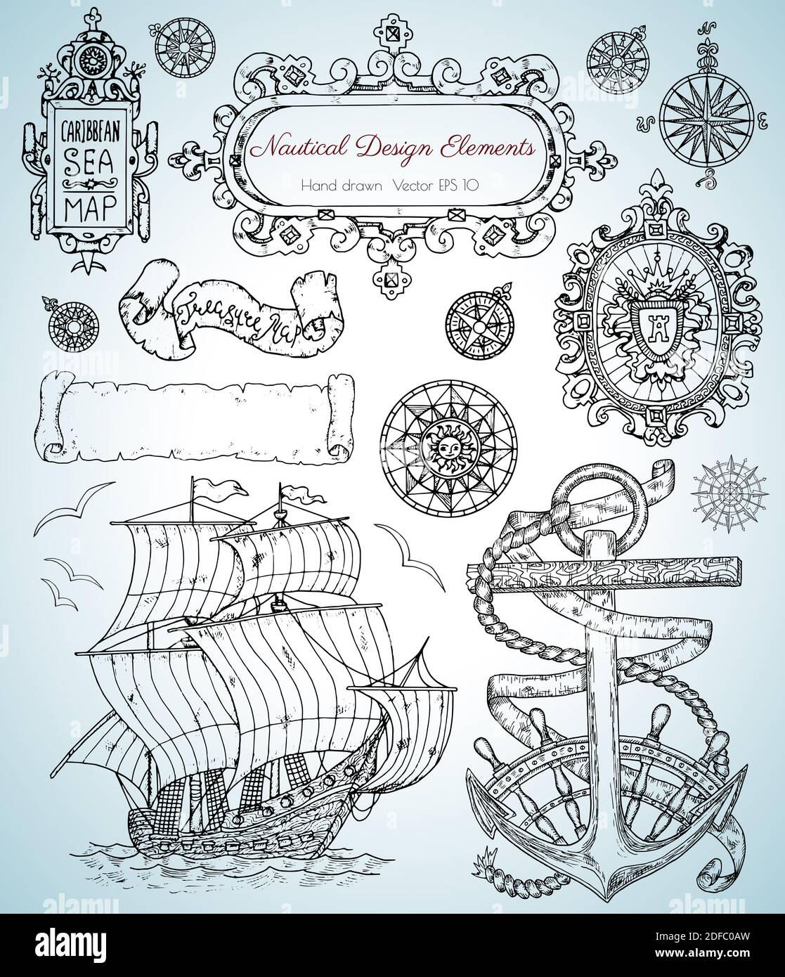 Graphic hand drawn collection of nautical marine design elements with ...