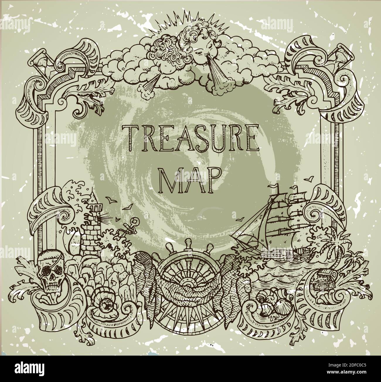 Graphic hand drawn collection of nautical marine design elements with ...