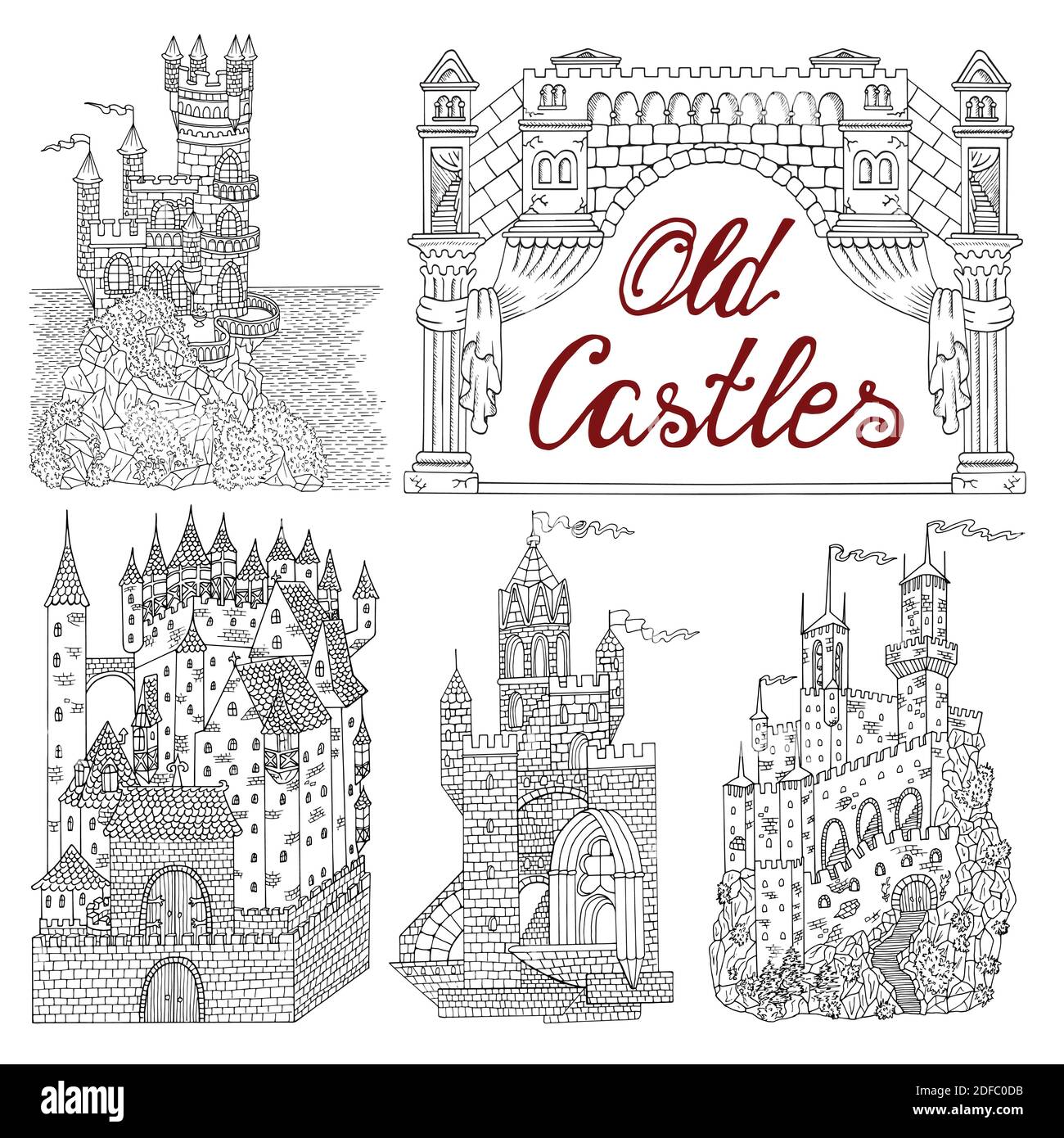 Hand drawn set with old castles. Graphic vector illustration with ...