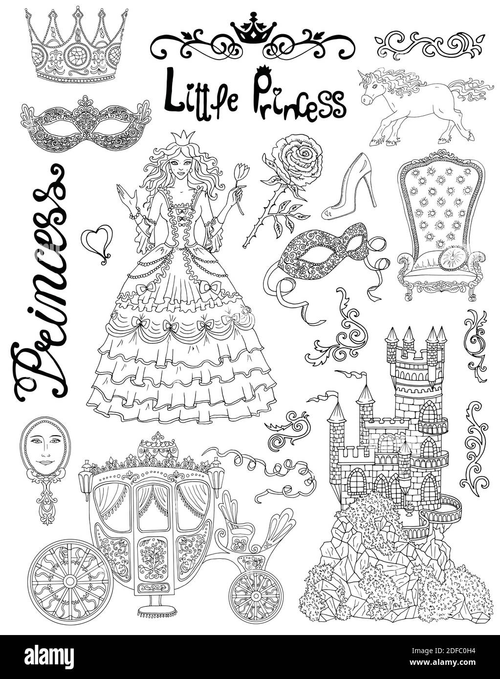 Doodle set with royal prince and princess concept and accessories Stock ...