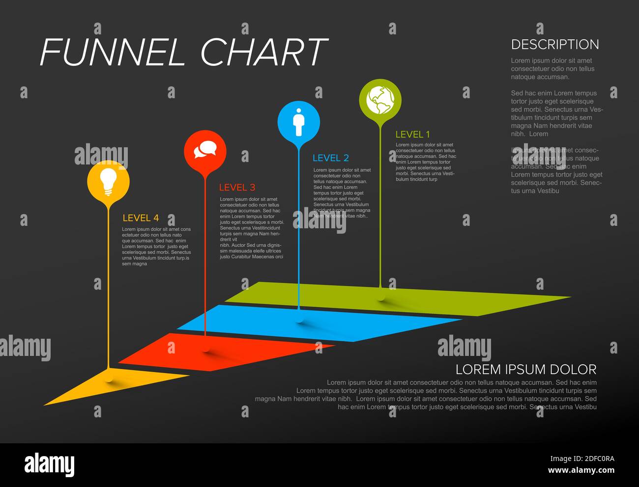 Vector Infographic 4 level layers funnel template with droplet pointers ...