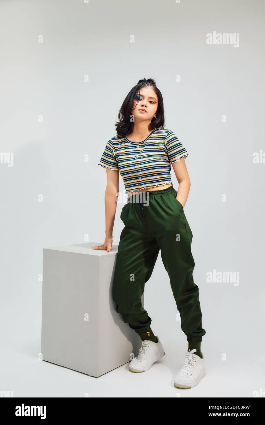 Full length photo of charming awesome winsome lady having pause and ...