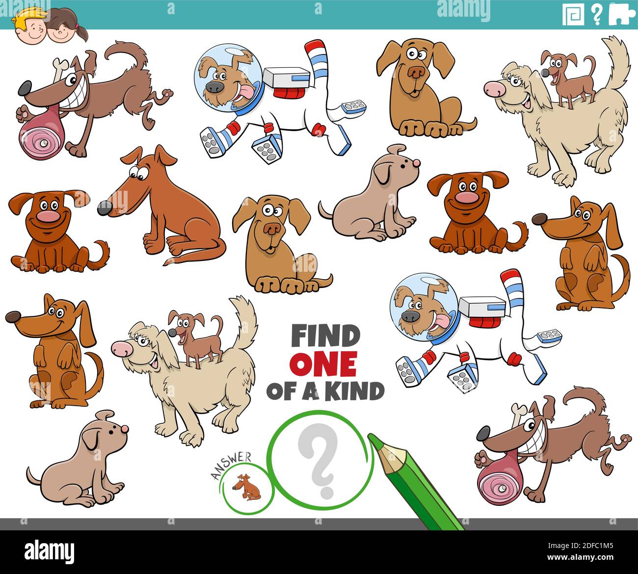 Cartoon illustration of find one of a kind picture educational game ...