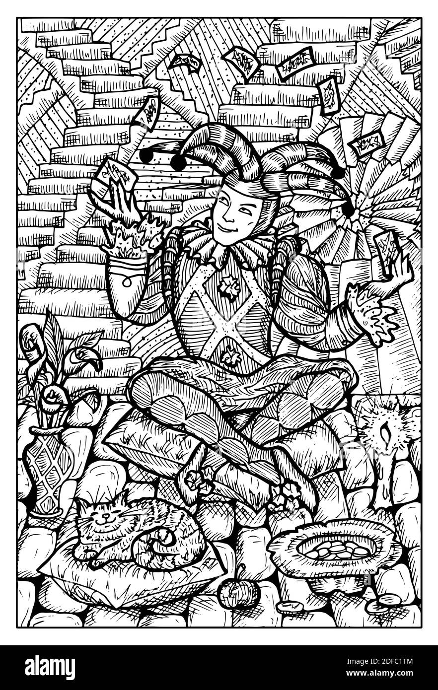 Fool. Engraved black and white Fantasy illustration with mythological ...