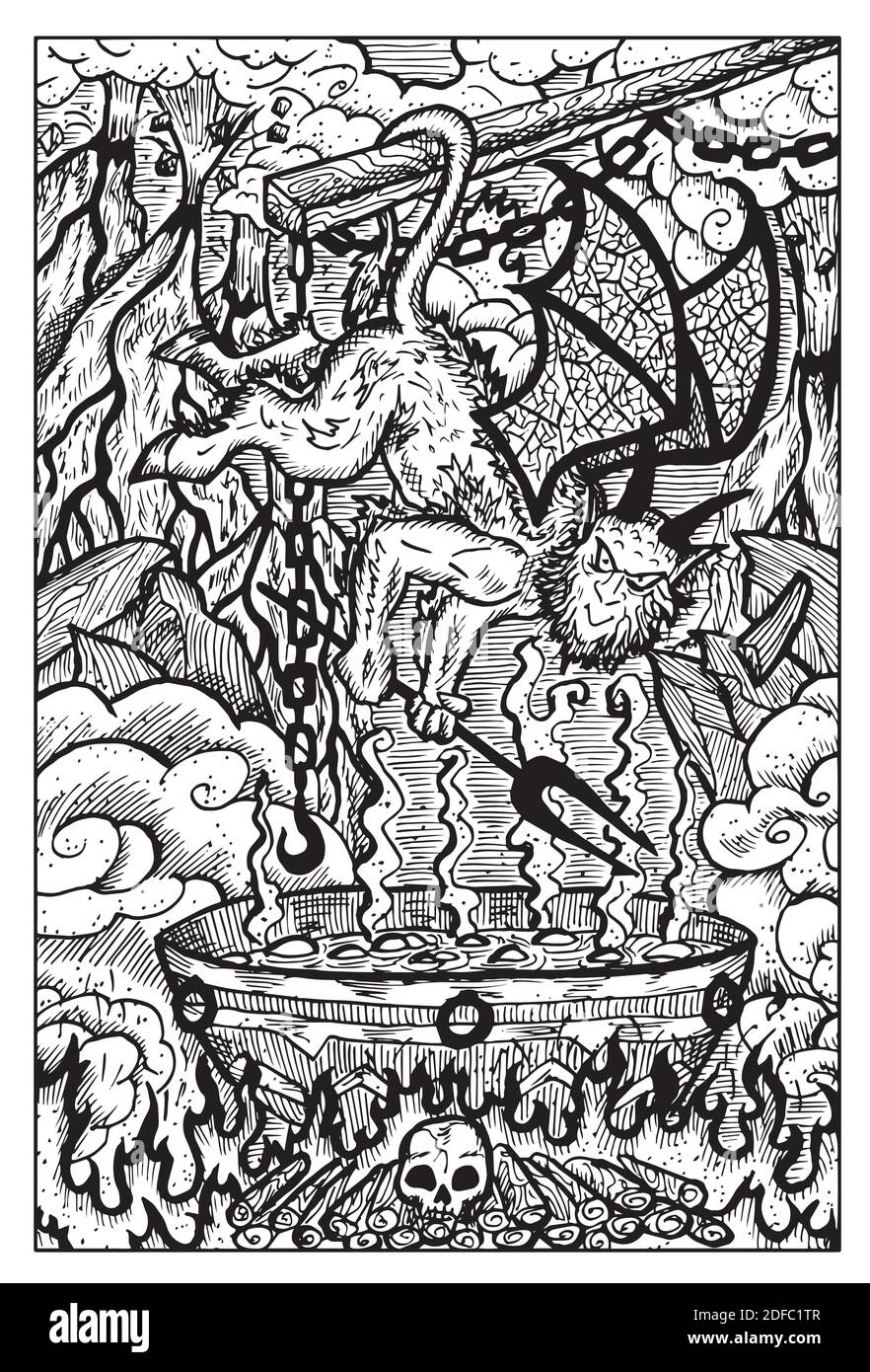 Imp in hell. Engraved black and white Fantasy illustration with ...