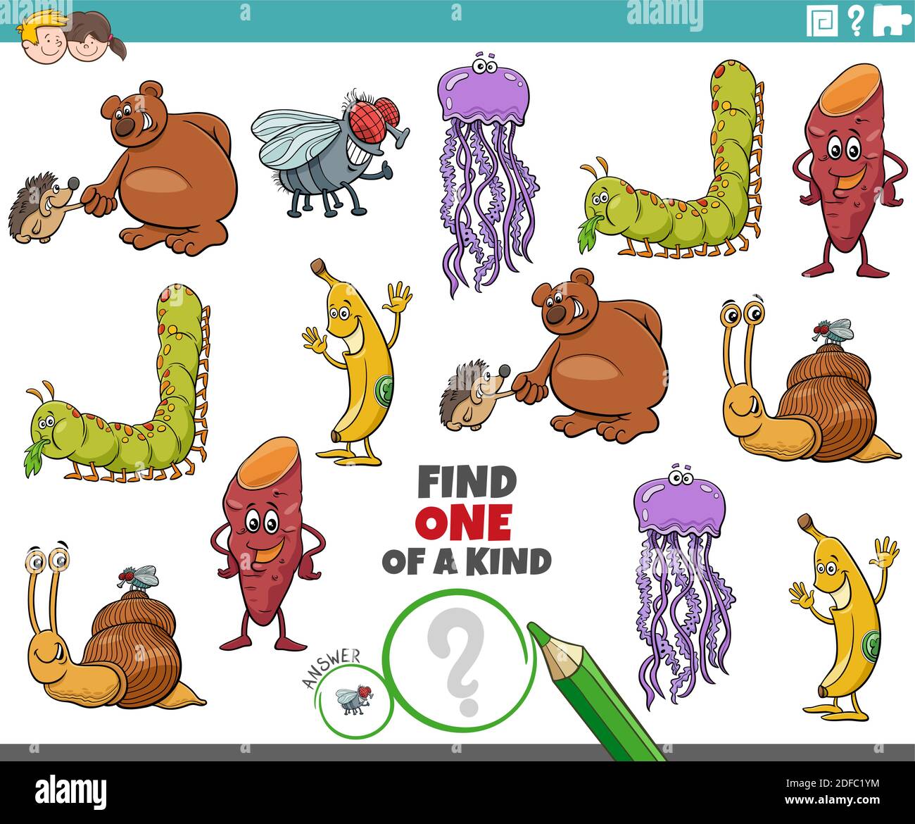 Cartoon illustration of find one of a kind picture educational game ...