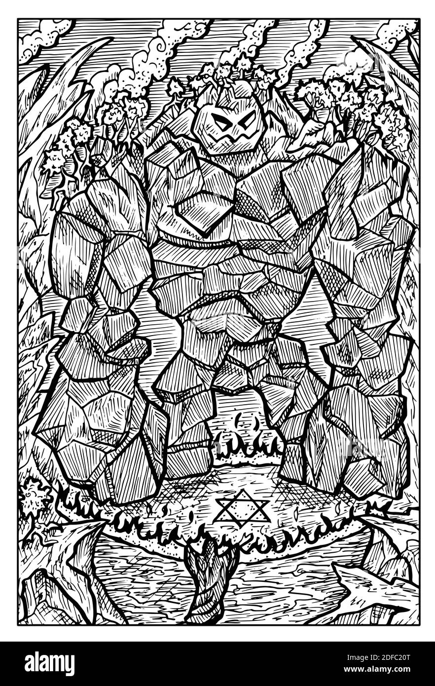 Golem. Engraved black and white Fantasy illustration with mythological ...