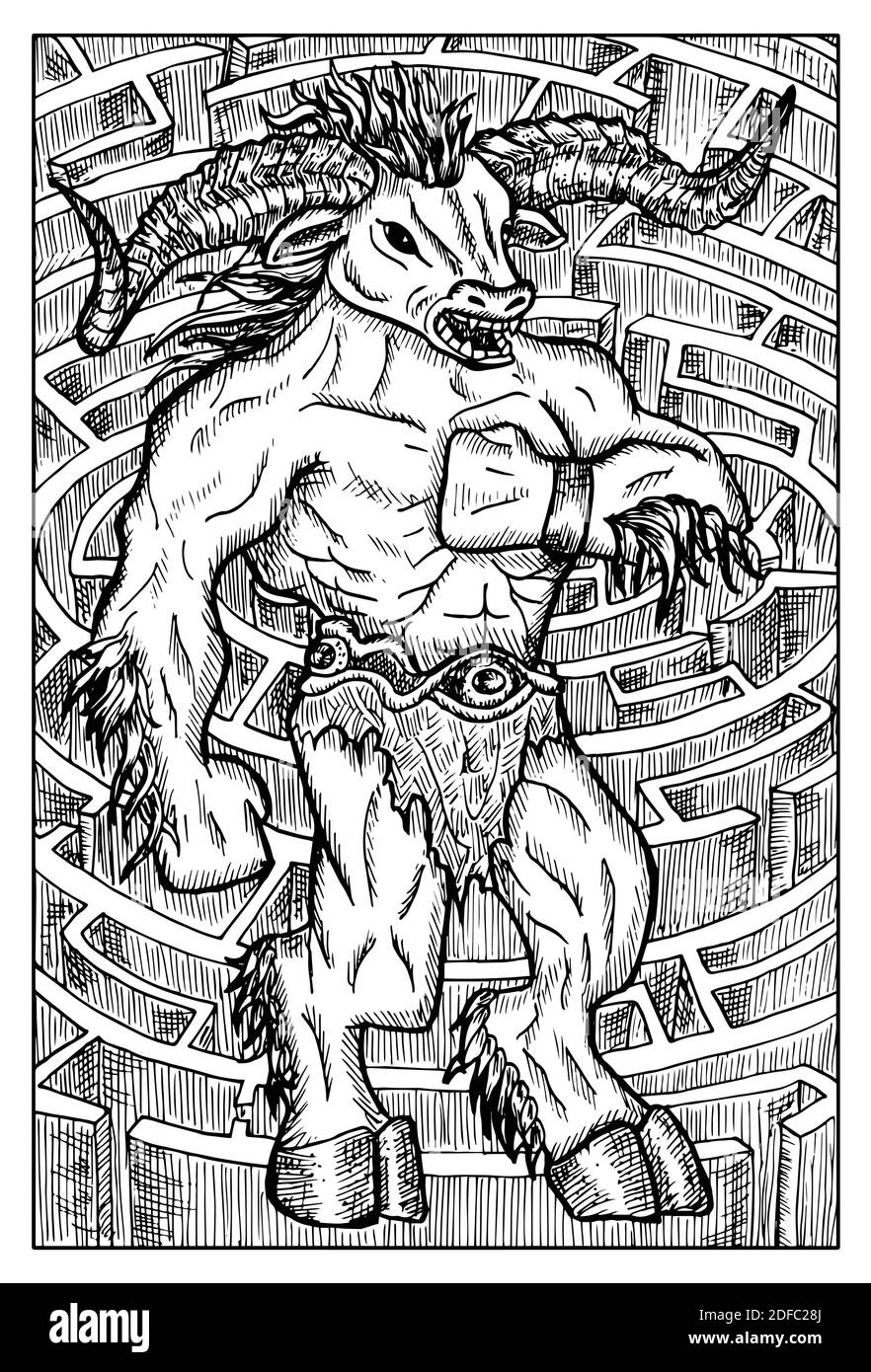 Minotaur. Engraved black and white Fantasy illustration with ...