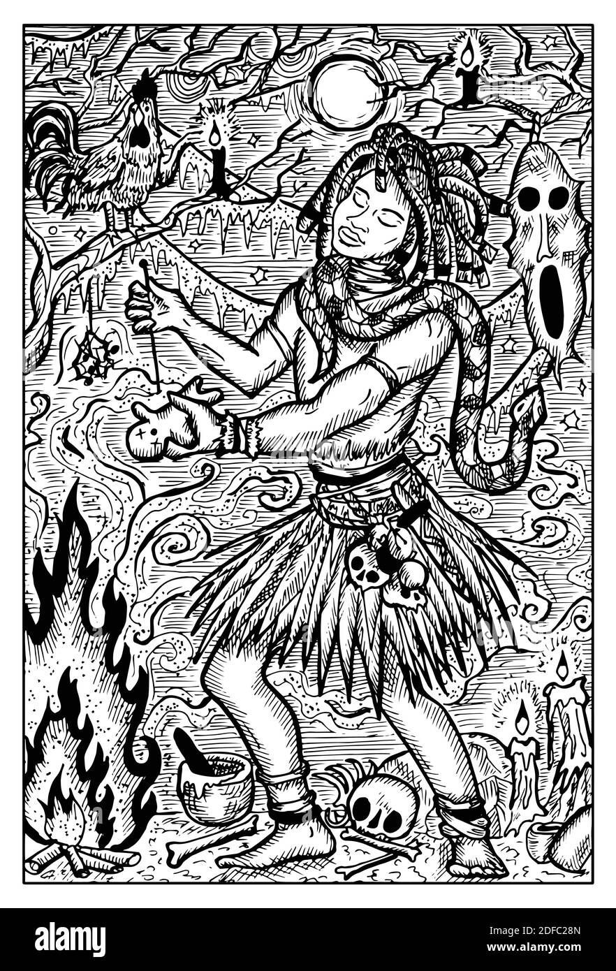 Voodoo warlock. Engraved black and white Fantasy illustration with ...