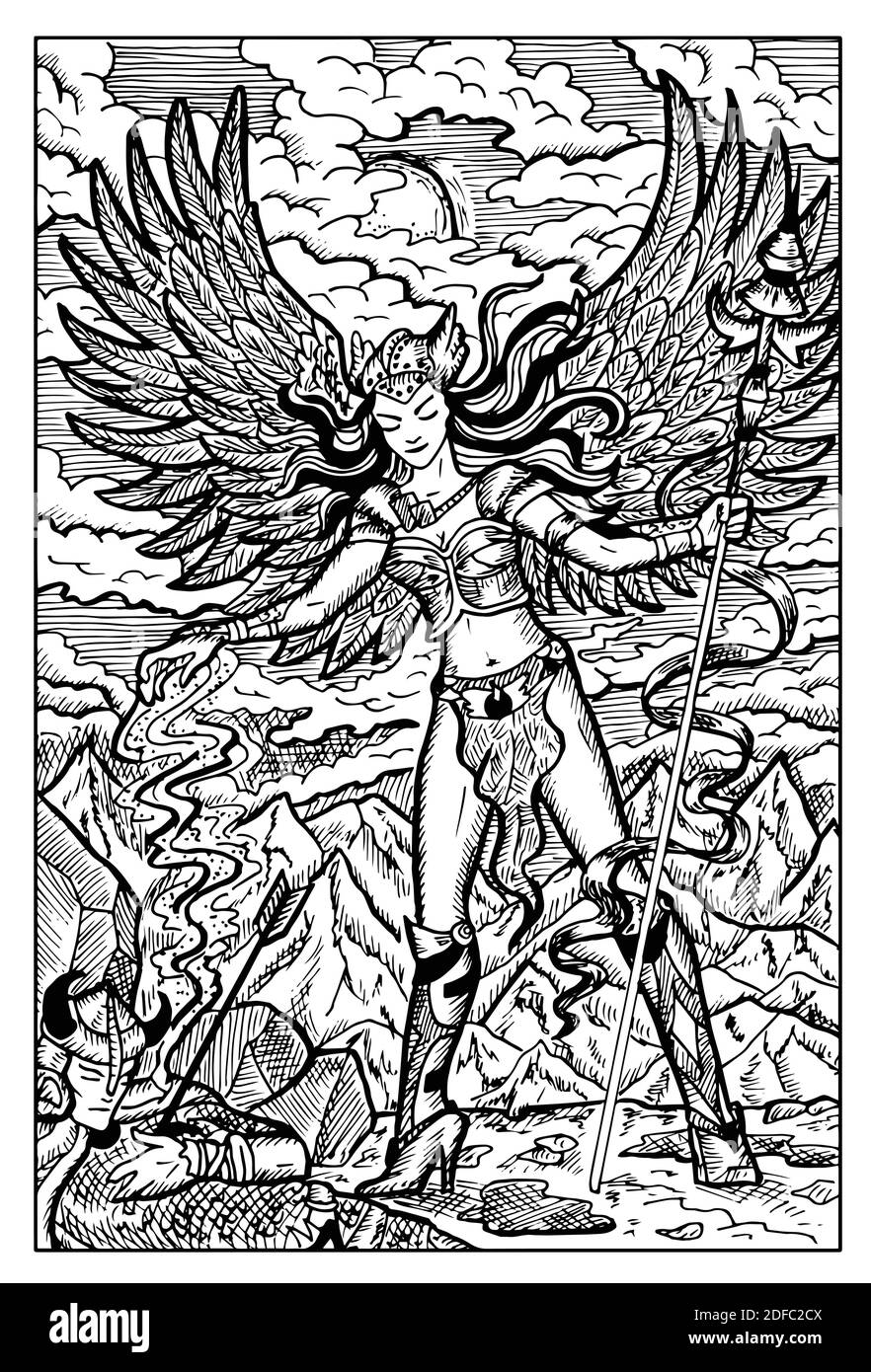Valkyrie. Engraved black and white Fantasy illustration with ...