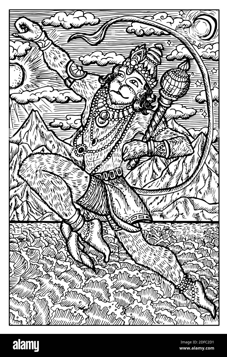 Hanuman. Engraved black and white Fantasy illustration with ...